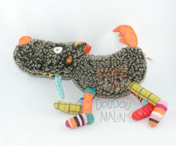 Ebulobo doudou loup gris noir orange vert grelot