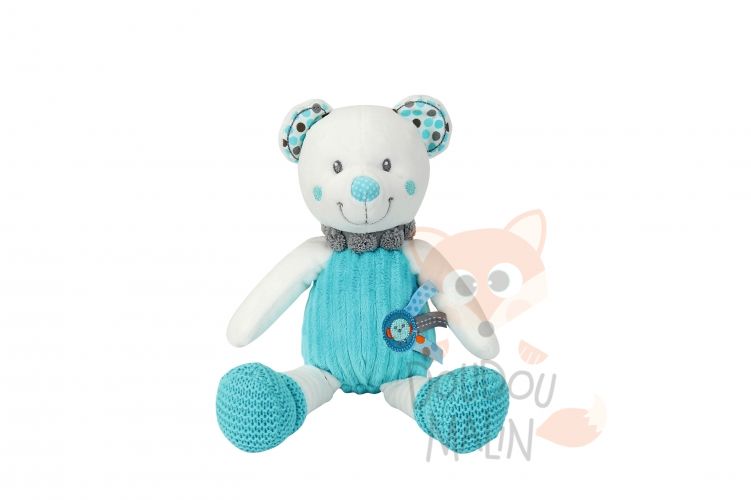 Nicotoy collection Little Hug doudou ours bleu gris oiseau étiquette