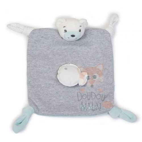 Kaloo collection Zen doudou ours plat quatre noeuds gris blanc bleu poisson