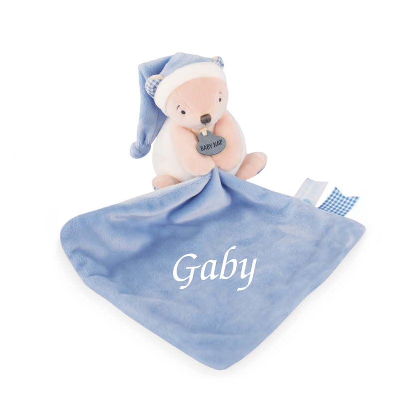 Baby'Nat - Layette - Peluche avec doudou ours blanc bleu 30 cm
